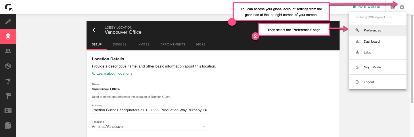 How do I change the settings of my Traction Guest account?