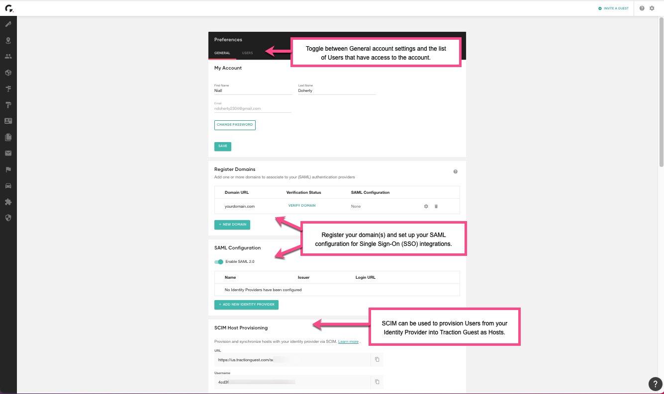 How do I change the settings of my Traction Guest account?